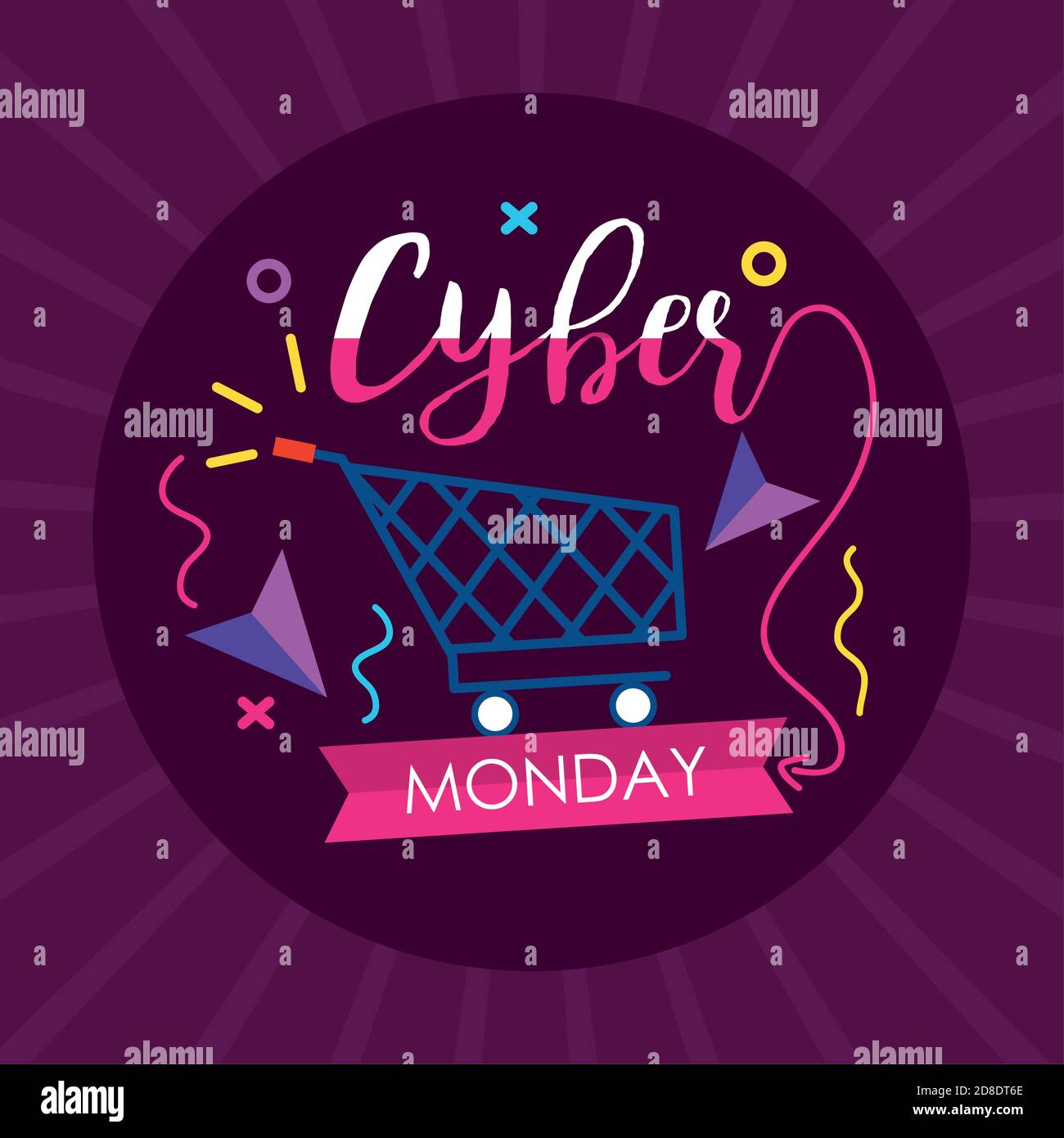 cyber monday design with shoping cart and decorative ribbon over purple ...