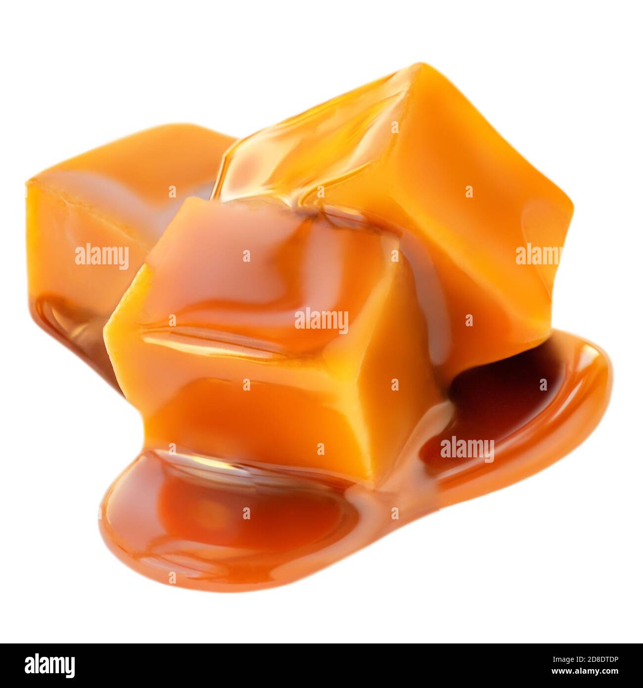 Soft melted caramel isolated on a white background. Flowing toffee ...