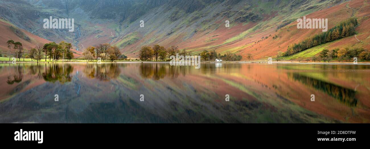 Buttermere panorama with perfect reflections taken on a calm Autumn ...