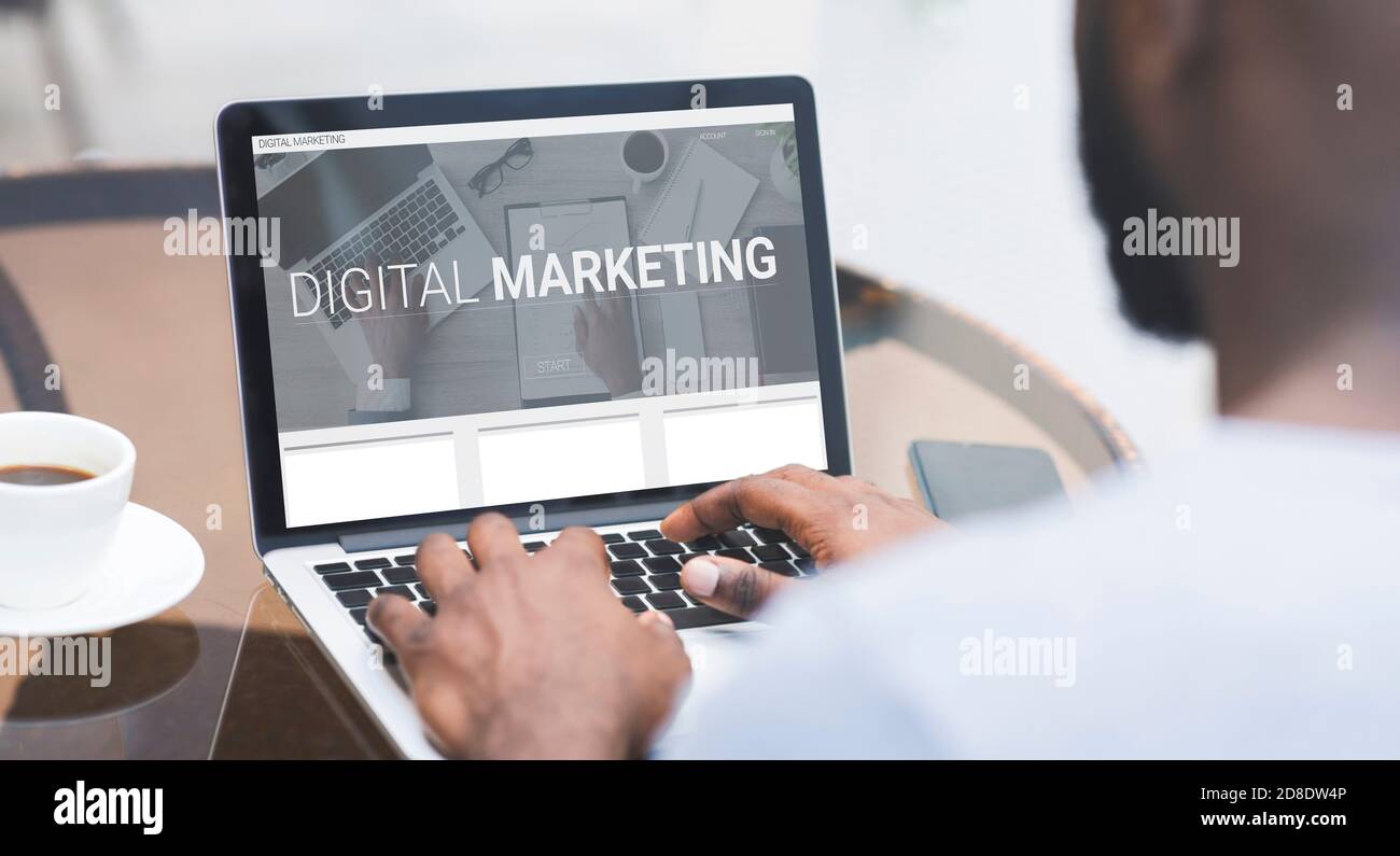 African Man Working On Laptop In Cafe, Digital Marketing Collage Stock ...