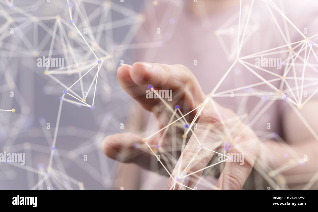 Male hand pointing at abstract polygonal lines/connection lines ...