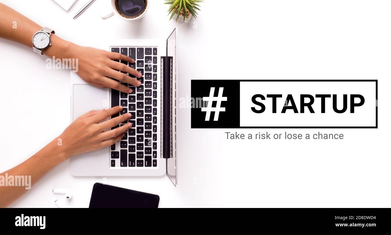 Collage with hashtag STARTUP and young woman typing on laptop computer ...