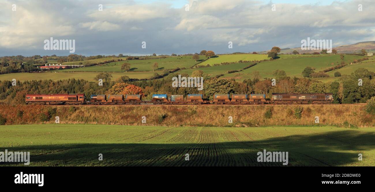 Two DRS Diesel locomotive’s on a “Leaf buster” train passing between ...