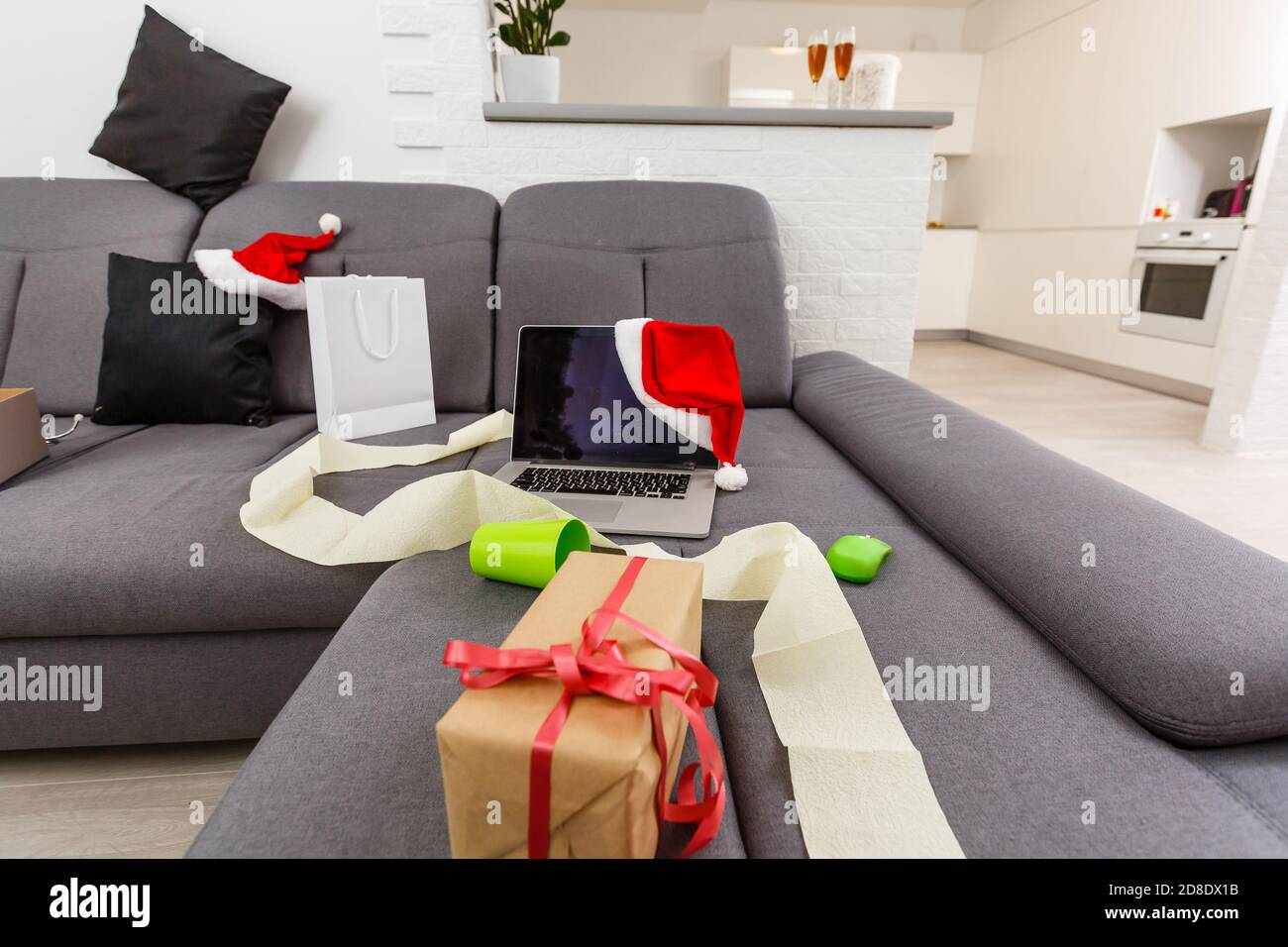 Messy living room interior with Christmas tree. Chaos after party Stock ...