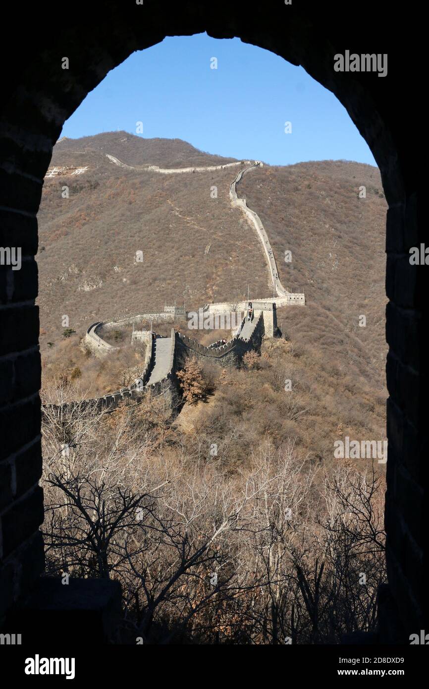Great Wall of China at Mutianyu running into the distance framed by a ...