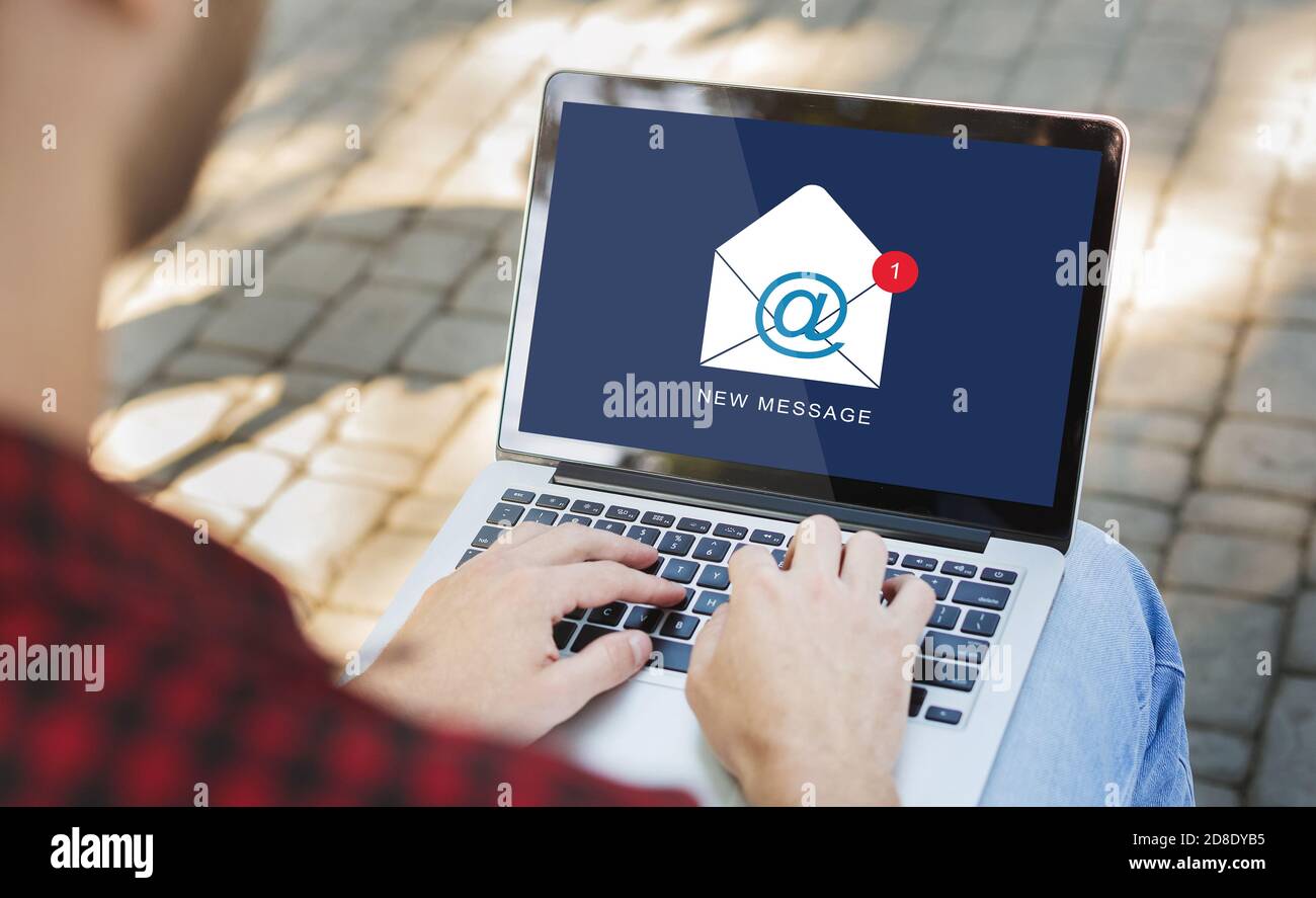 Unrecognizable Guy Using Laptop Reading New E-Mail Message Sitting ...