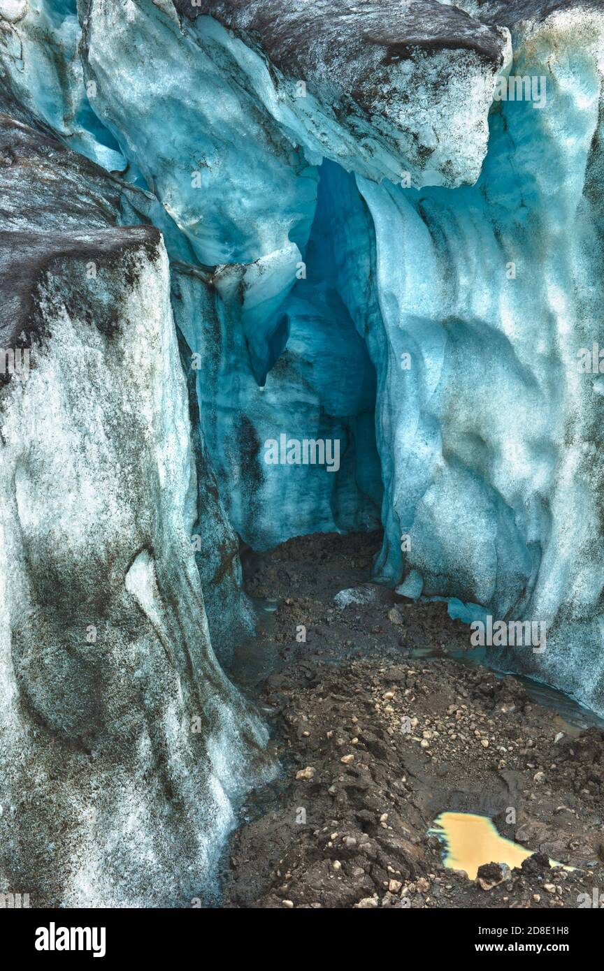 Detailed photo of the Icelandic glacier ice cave with a incredibly ...