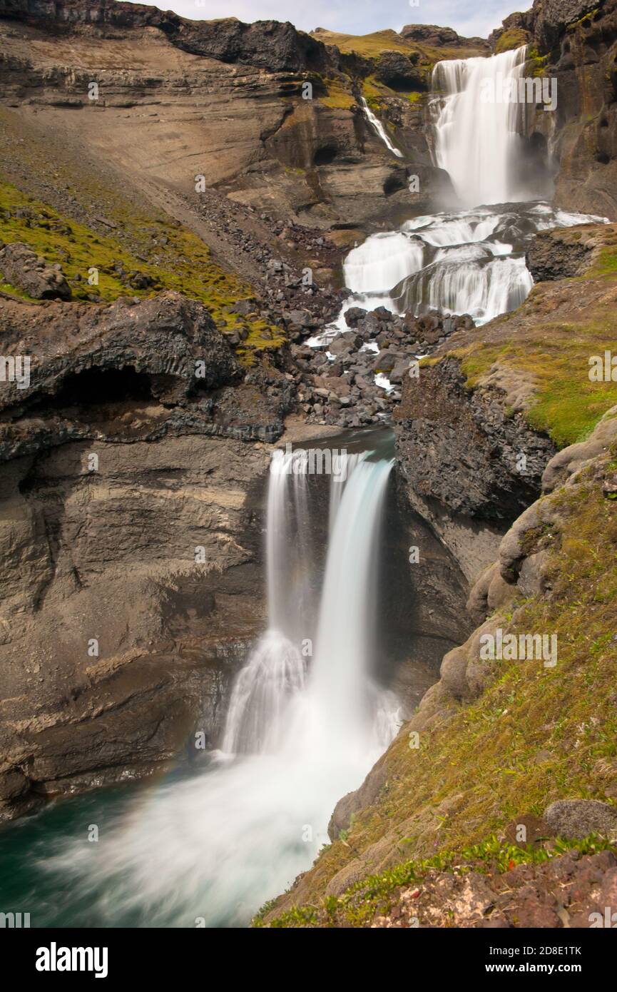 Beautiful Icelandic waterfall Ofaerufoss in Eldgja. It is located on ...