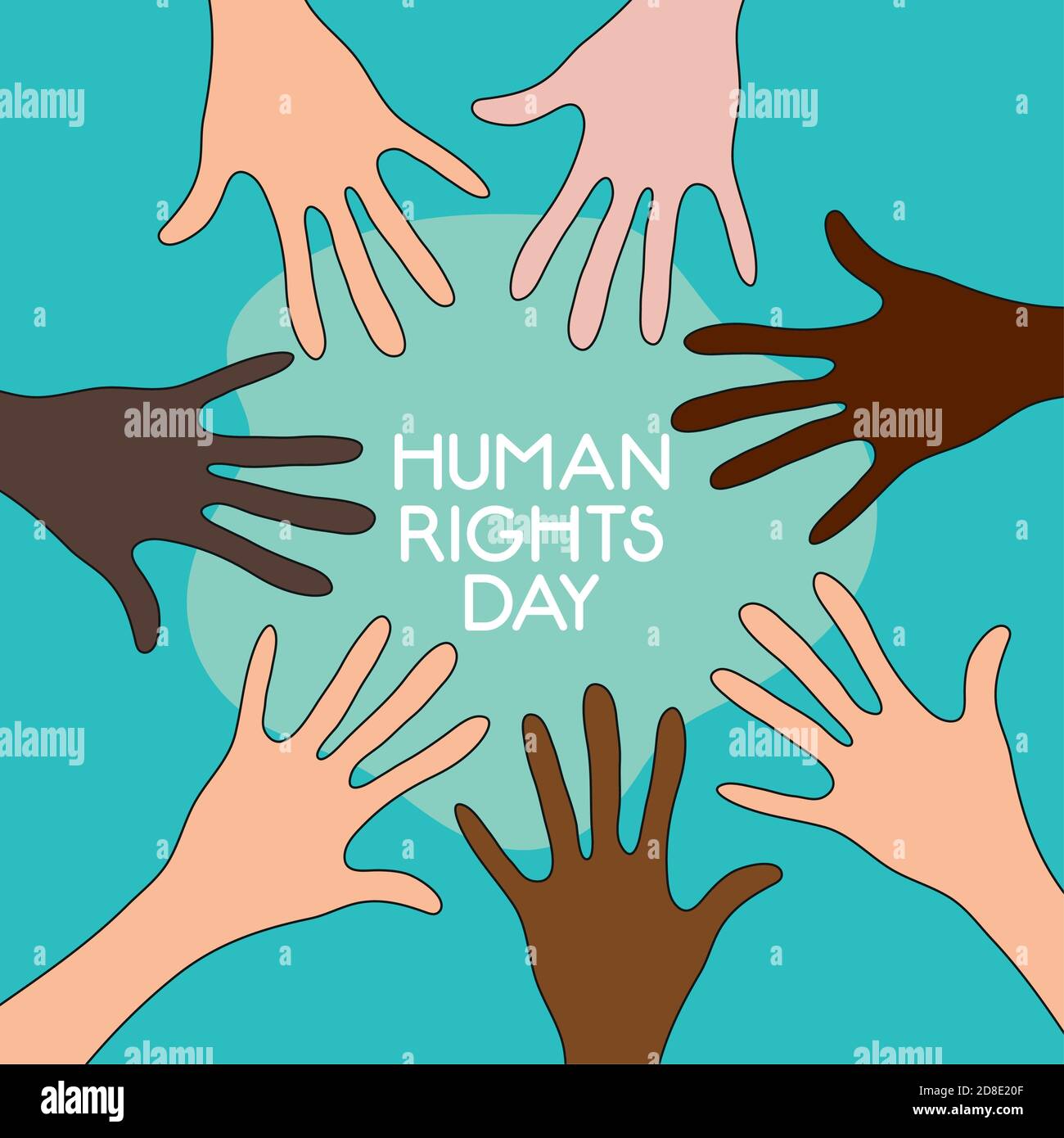 human rights day design with open hands around over turquoise ...