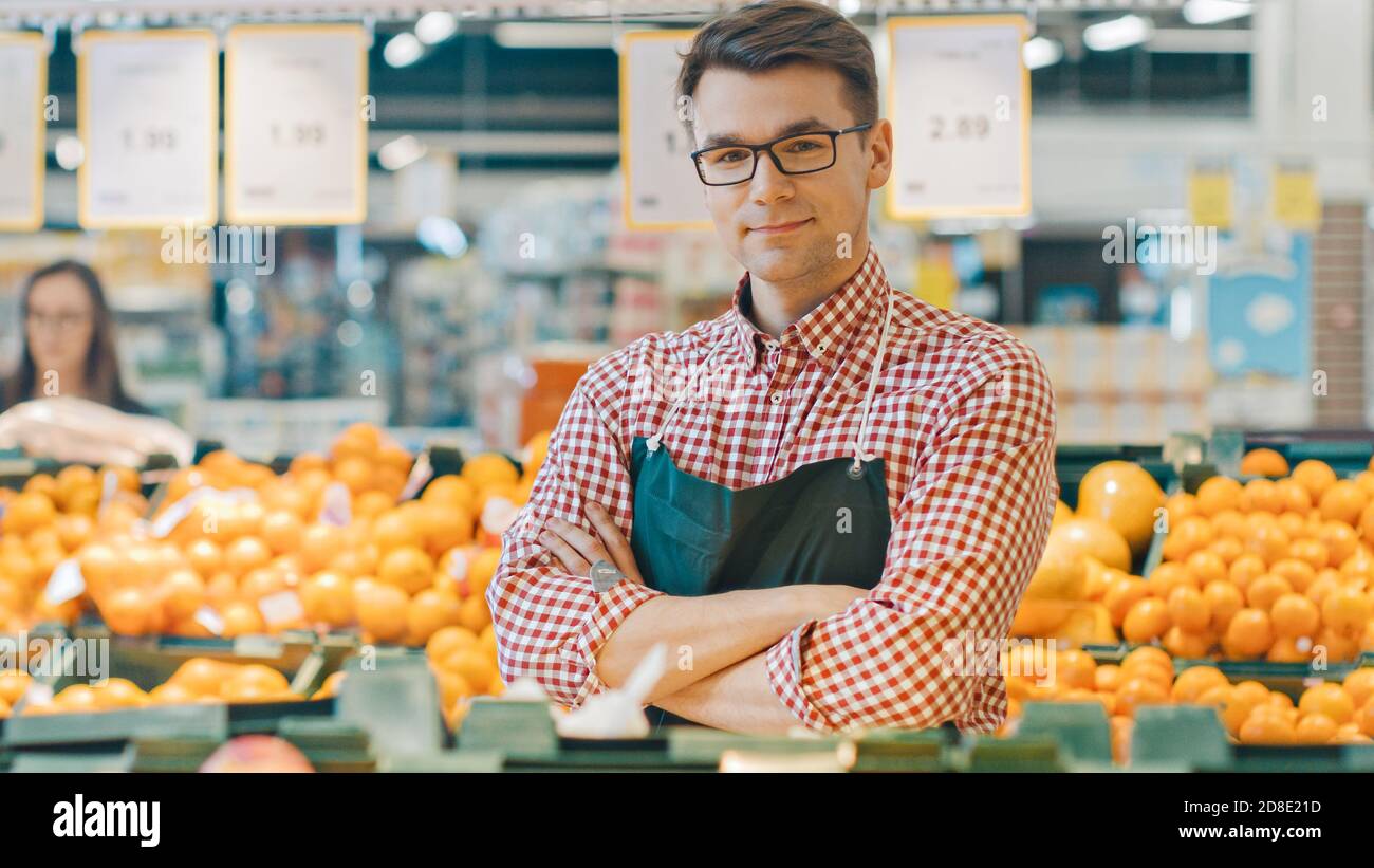 At the Supermarket: Portrait Of the Handsome Stock Clerk Wearing Apron ...