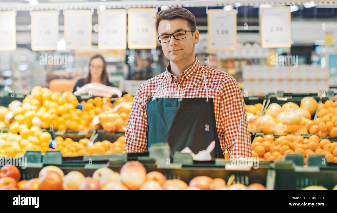 At the Supermarket: Portrait Of the Handsome Stock Clerk Wearing Apron ...