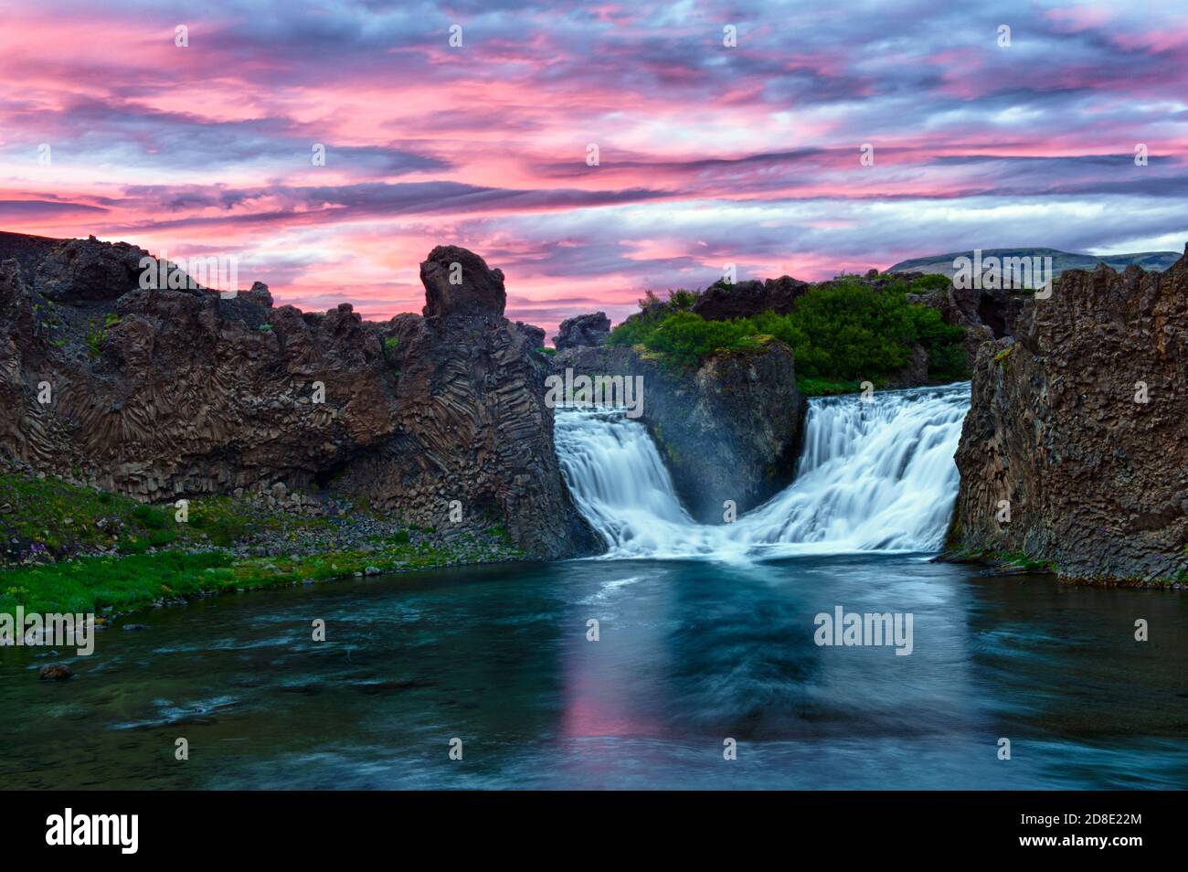 Double waterfall Hjalparfoss on the river Fossa after the midnight ...