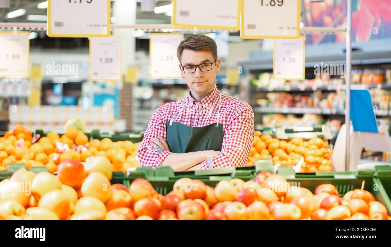 At the Supermarket: Portrait Of the Handsome Stock Clerk Wearing Apron ...