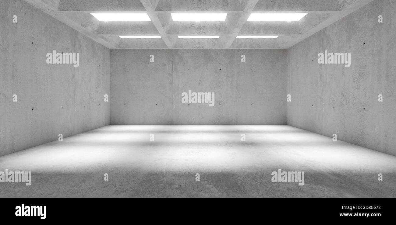Abstract empty, modern concrete walls hallway room with grid ceiling ...