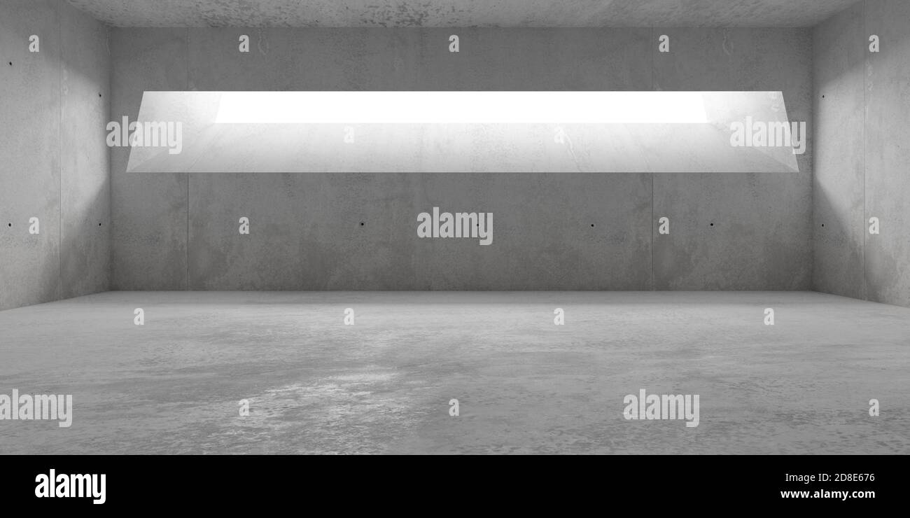 Abstract empty, modern concrete room with wide window opening on back ...