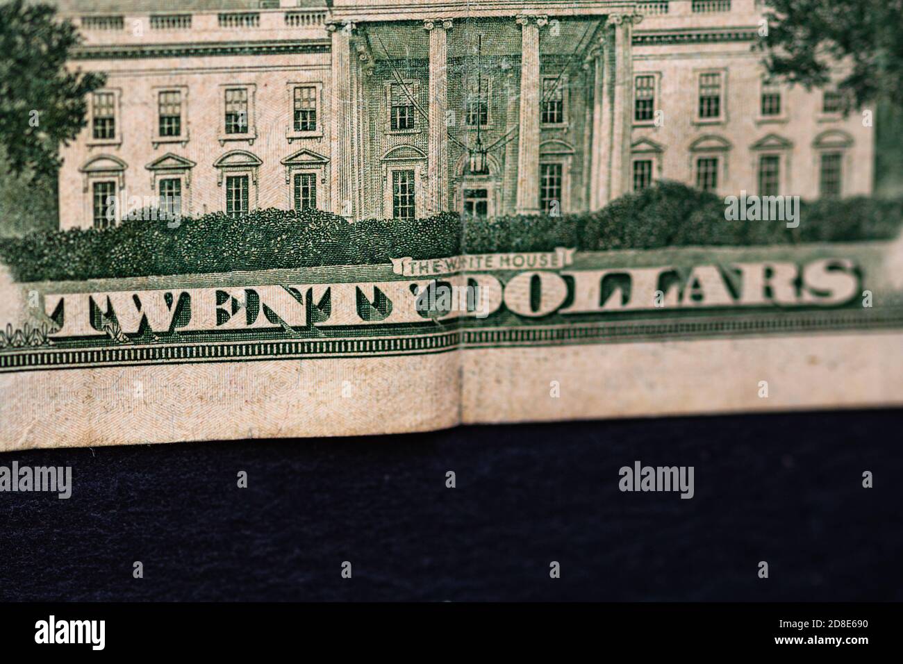 Selective focus on detail of 20 dollars banknote. Close up macro detail ...