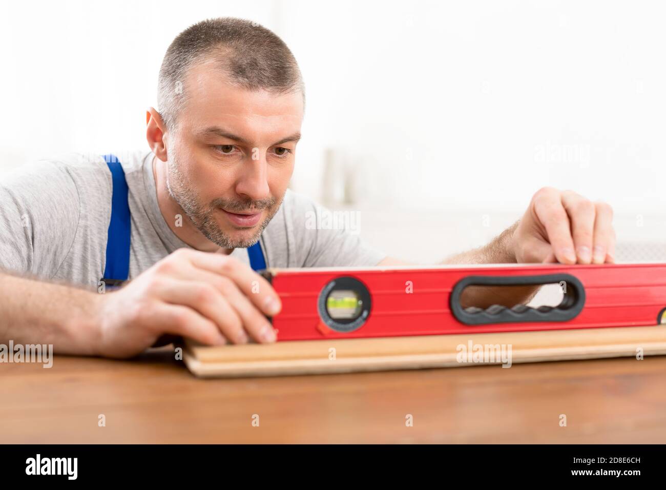 Carpenter Working Using Level Tool Making Wooden Cabinet Indoor Stock ...