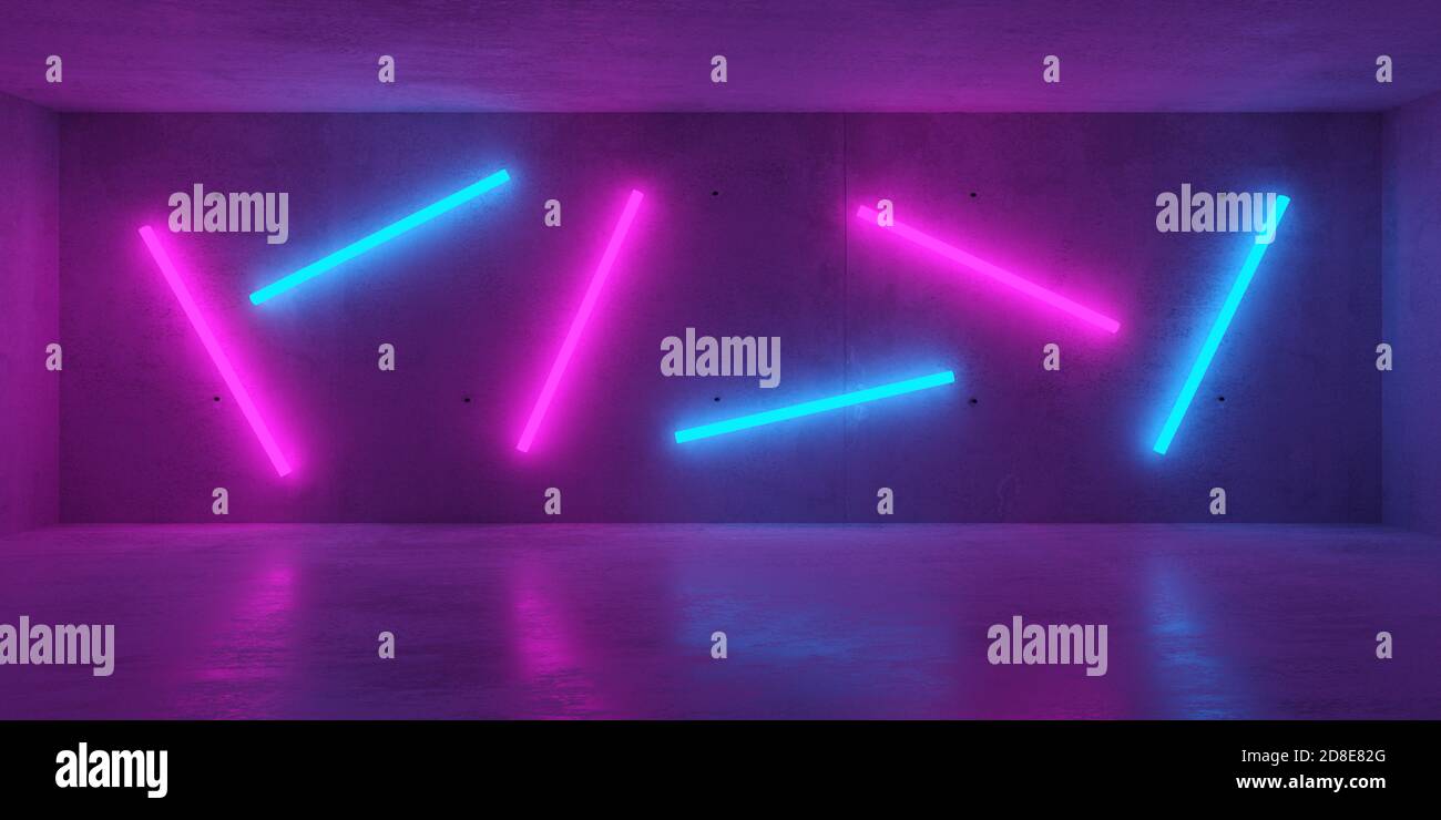 Abstract blue and red glowing neon lights in empty concrete abstract ...
