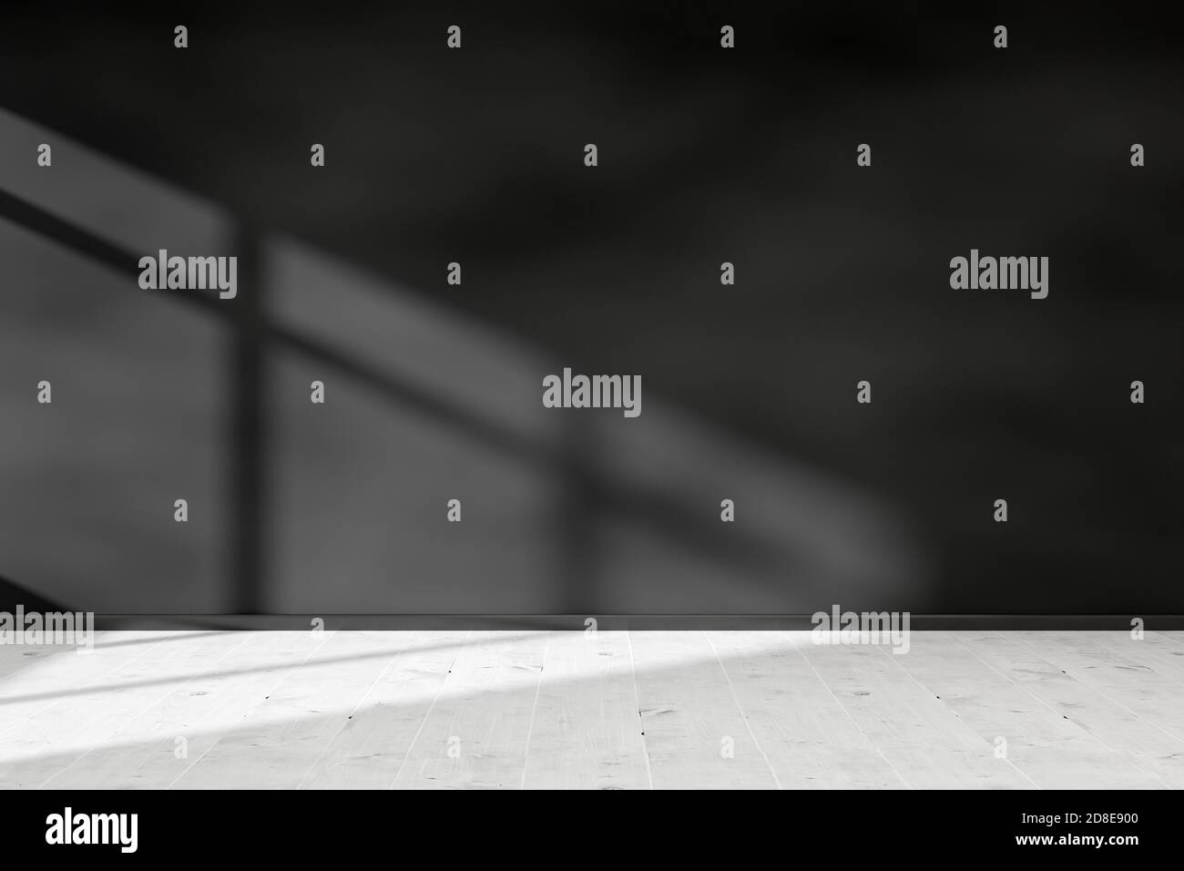 Empty room with blank black wall with window shadow and white hardwood ...