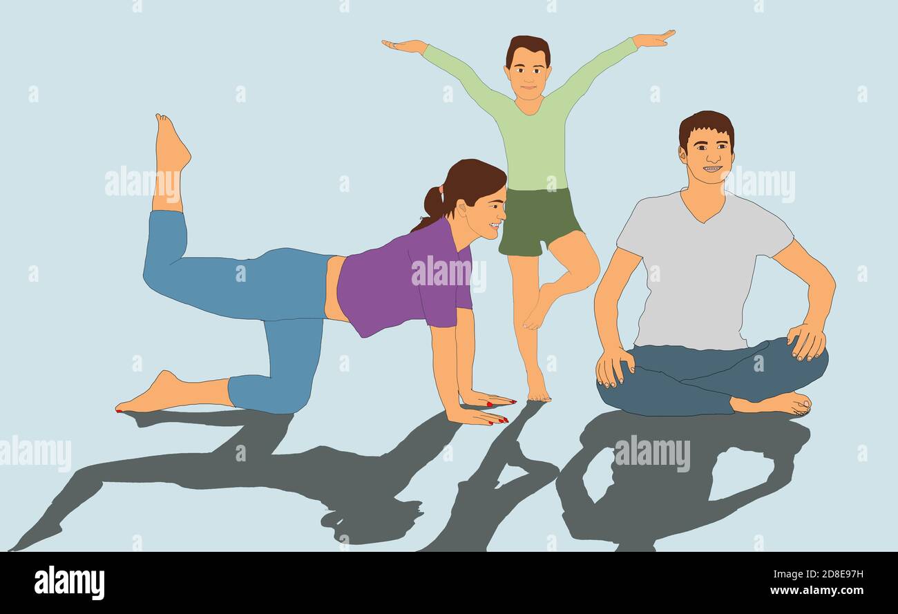 Sport. Happy family sports activities. Mother, father and child do the ...