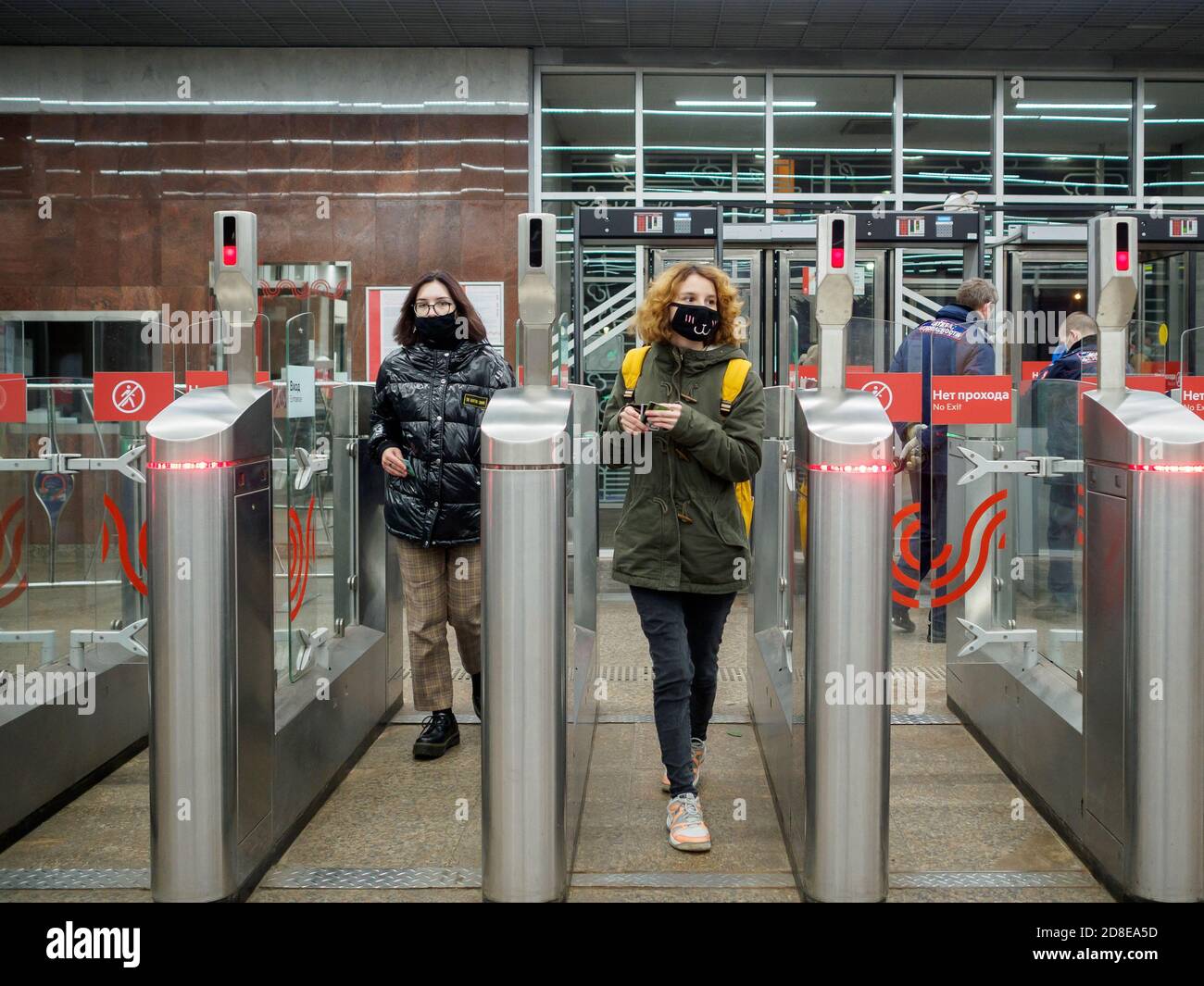 Moscow. Russia. October 29, 2020. Passengers pass through automatic ...
