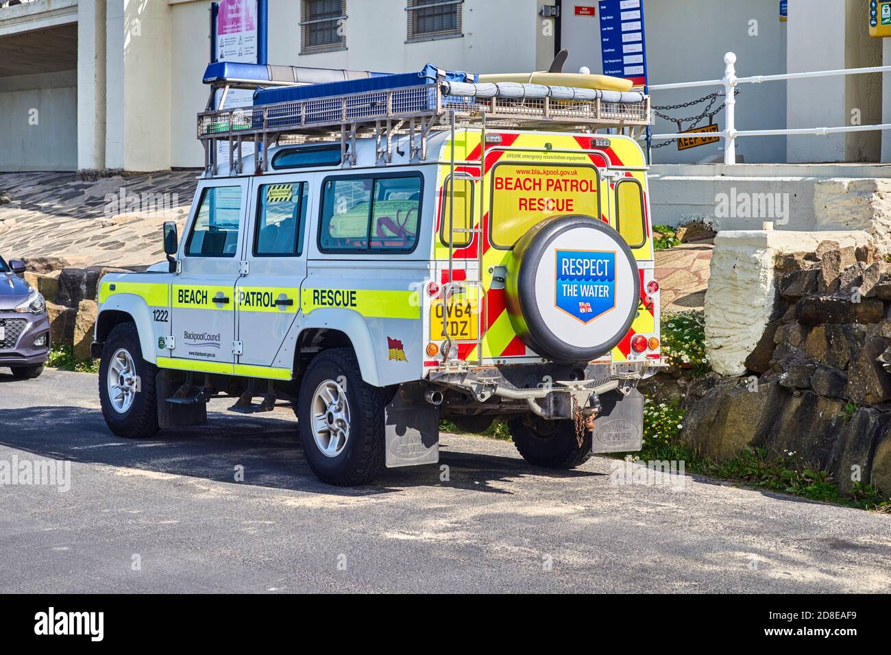 Land Rover Defender vehicle belonging to Blackpool beach patrol parked ...