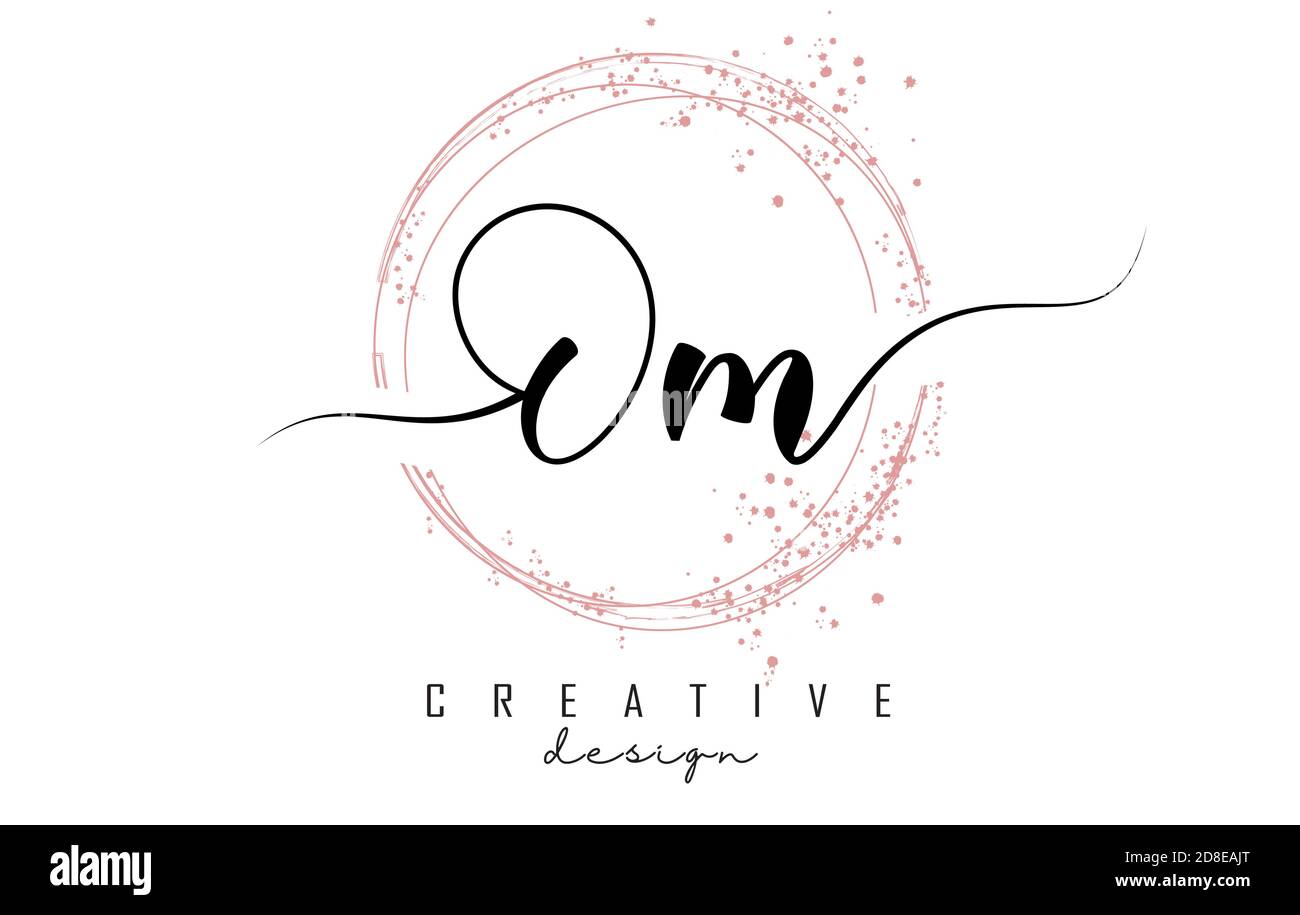 Handwritten Om O m letter logo with sparkling circles with pink glitter ...