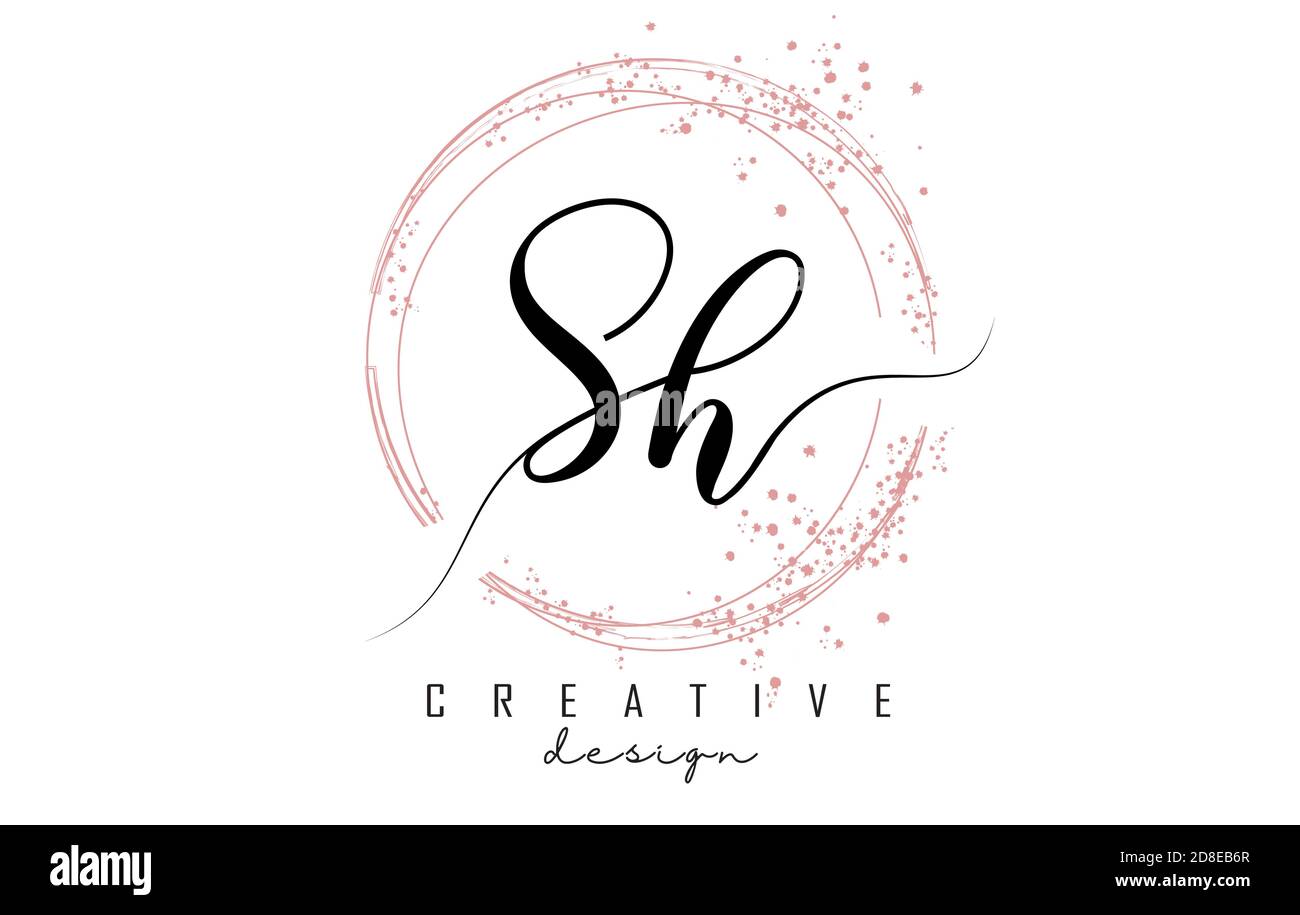 Handwritten SH S H letter logo with sparkling circles with pink glitter ...
