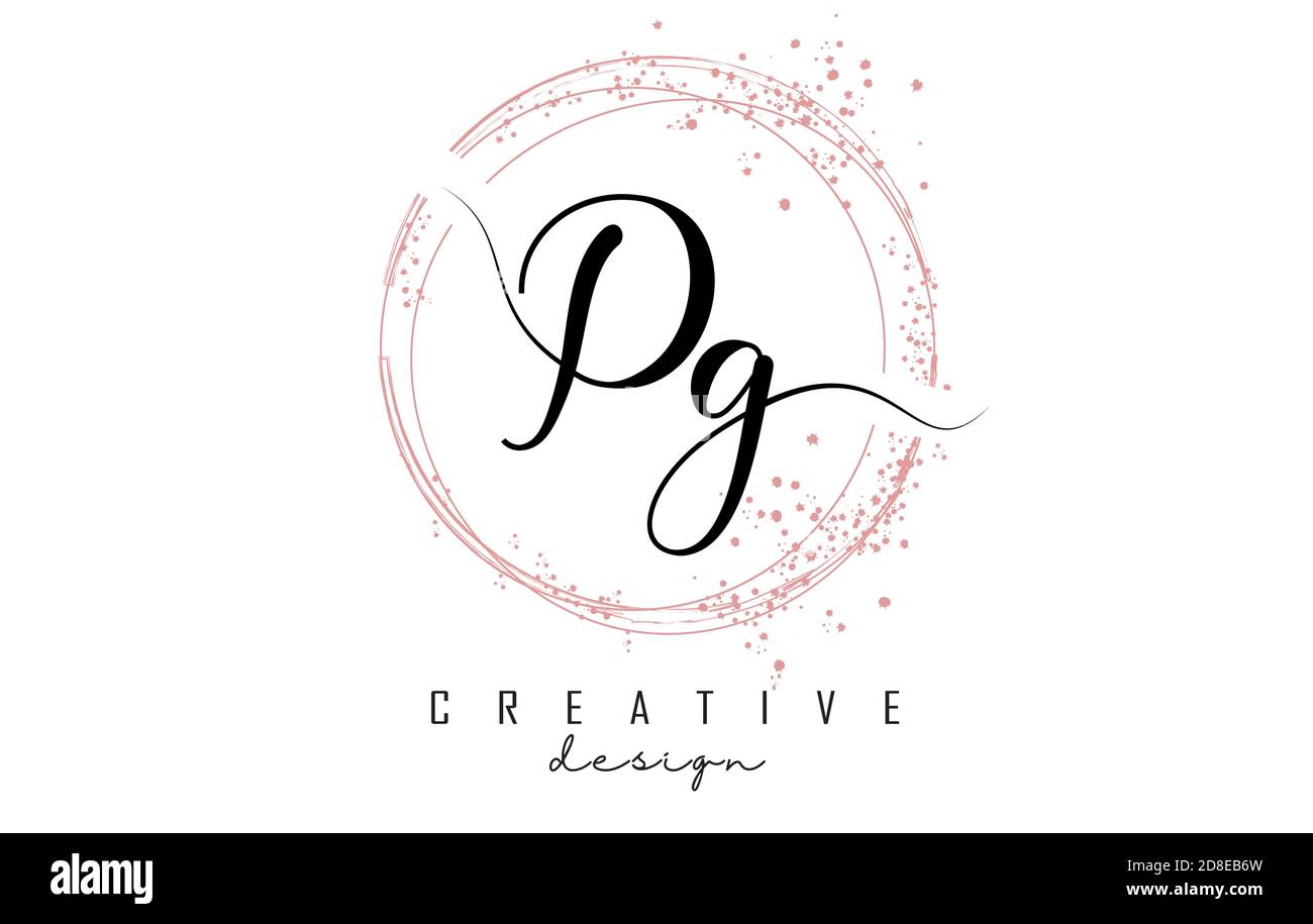 Handwritten Pg P g letter logo with sparkling circles with pink glitter ...