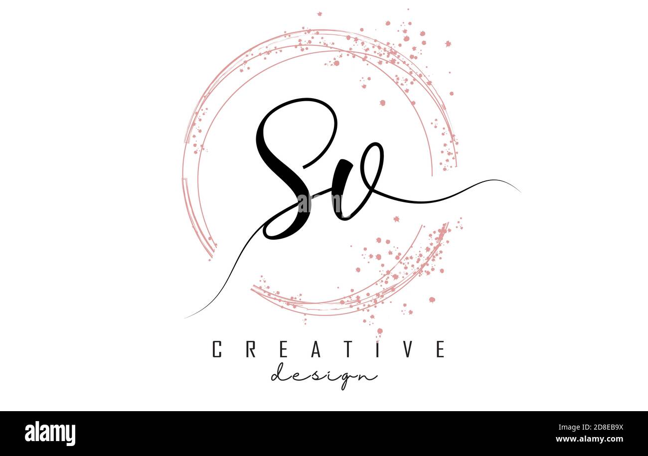 Handwritten SV S V letter logo with sparkling circles with pink glitter ...