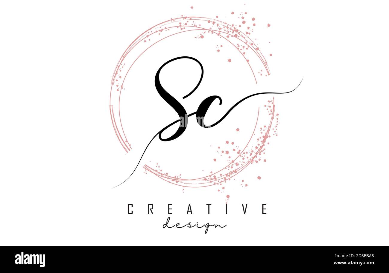 Handwritten SC S C letter logo with sparkling circles with pink glitter ...