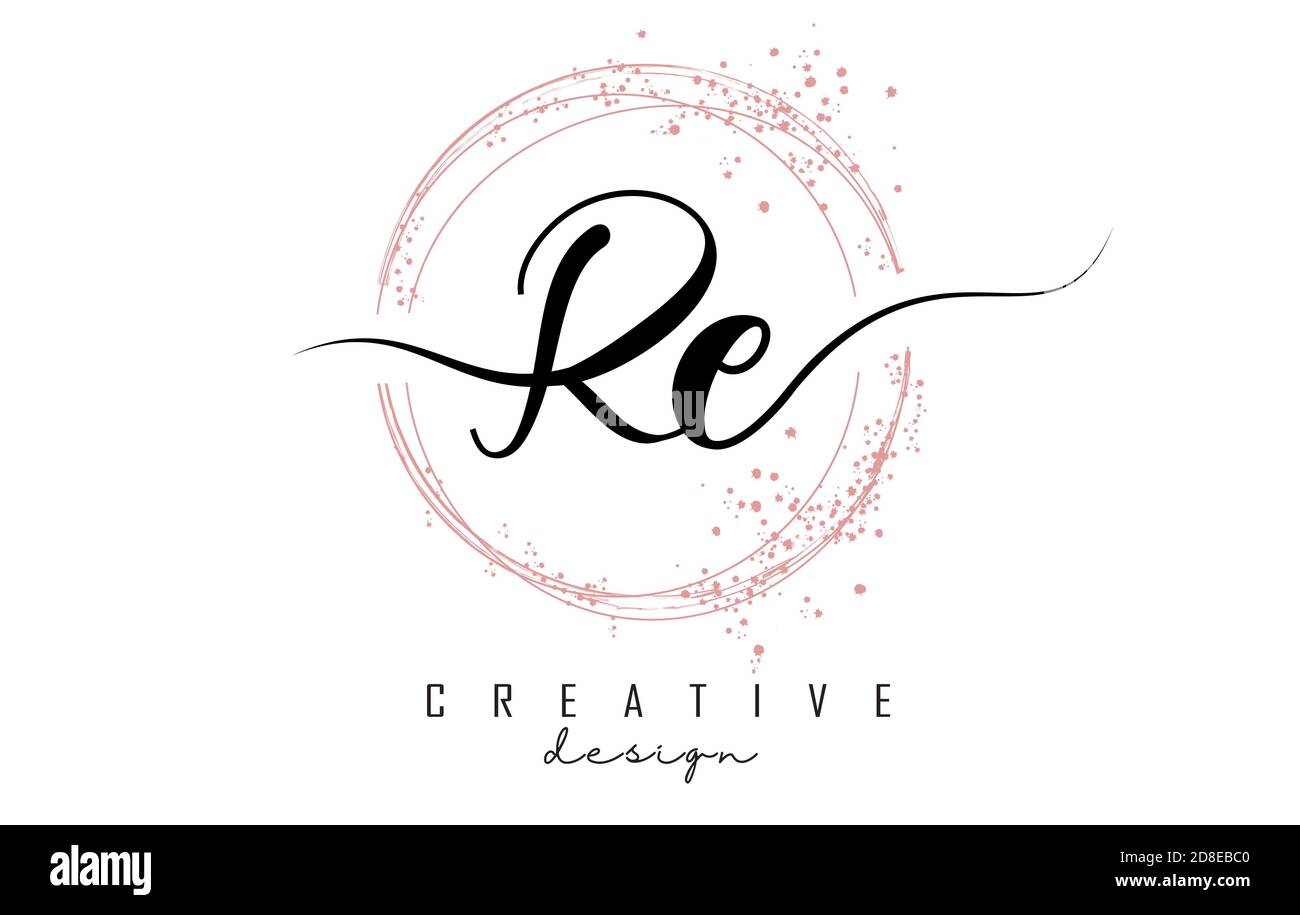 Handwritten RE R E letter logo with sparkling circles with pink glitter ...