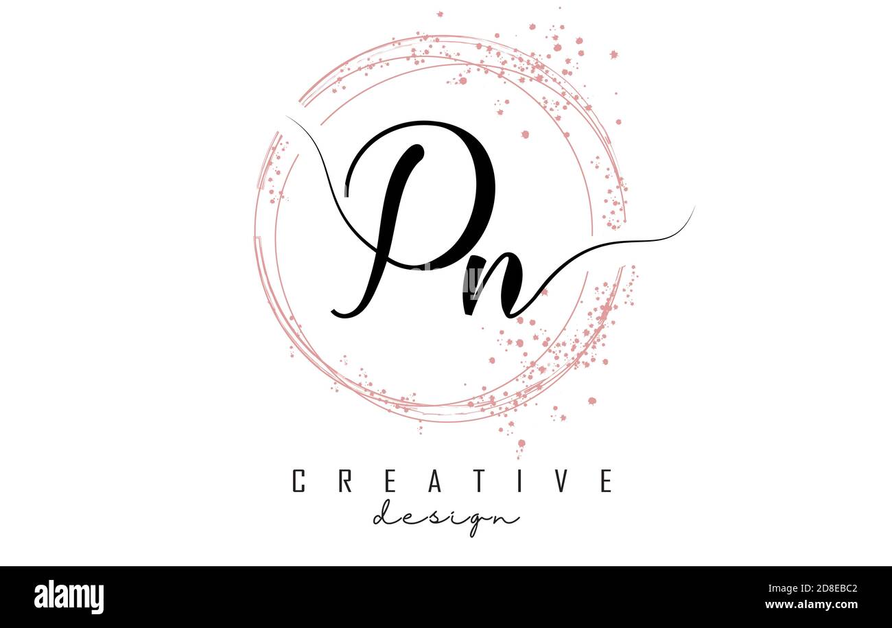 Handwritten PN P N letter logo with sparkling circles with pink glitter ...