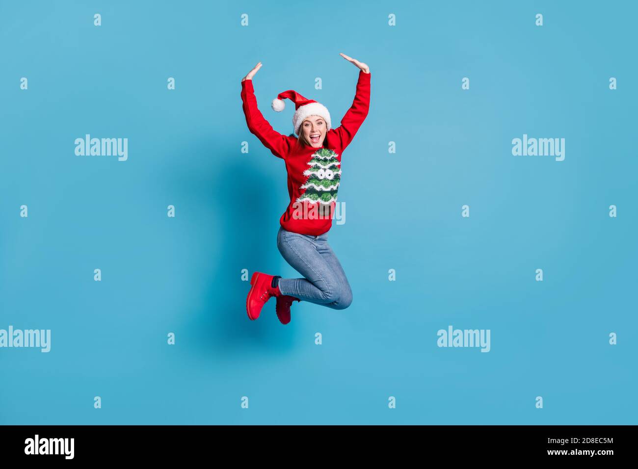 Portrait photo of jumping high happy laughing smiling girl keeping ...