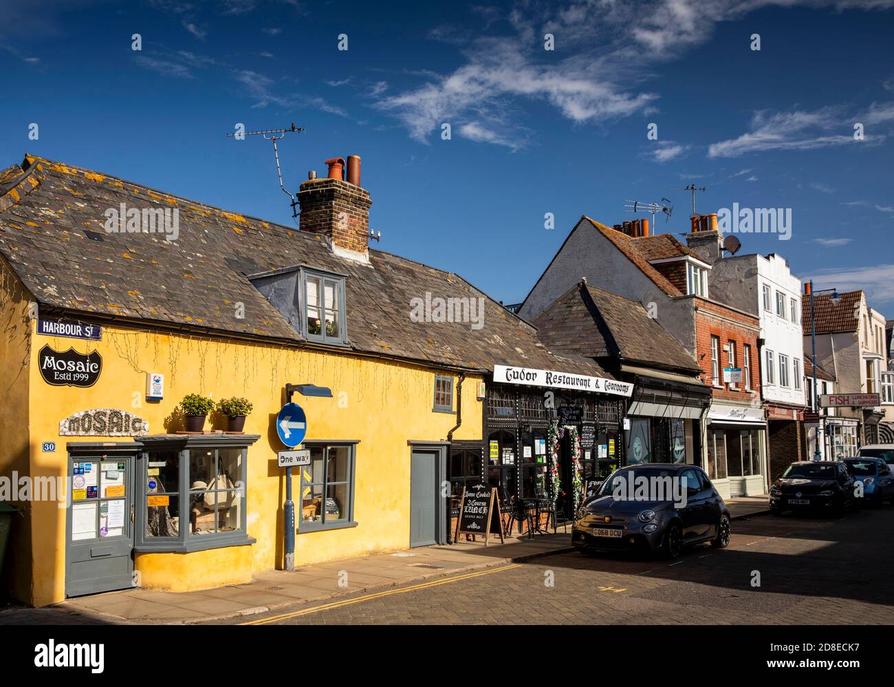 UK, Kent, Whitstable, Harbour Street, mosaic clothes shop and cafe in ...