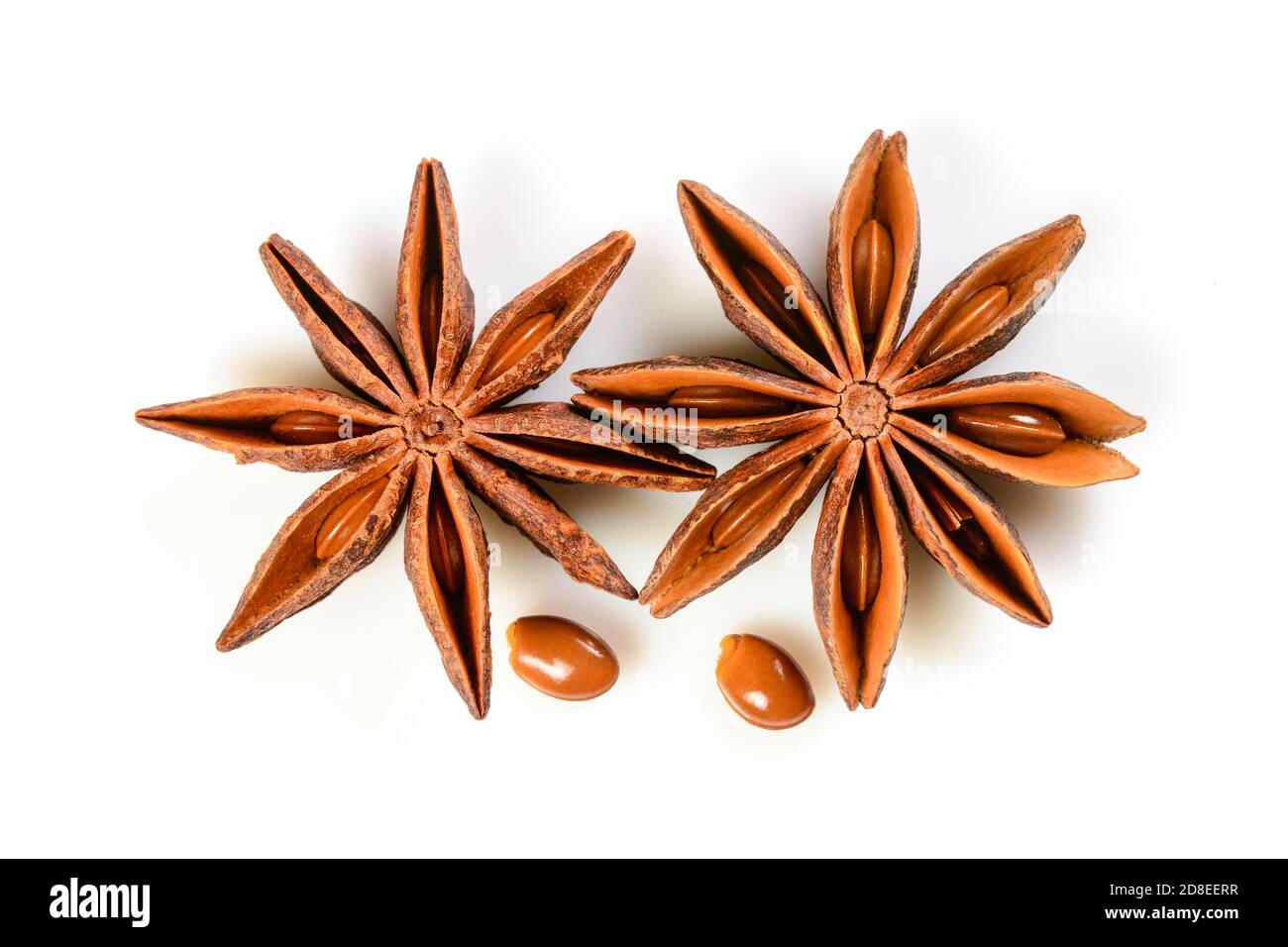Star anise. Two star anise fruits with seeds. Macro close-up Isolated ...