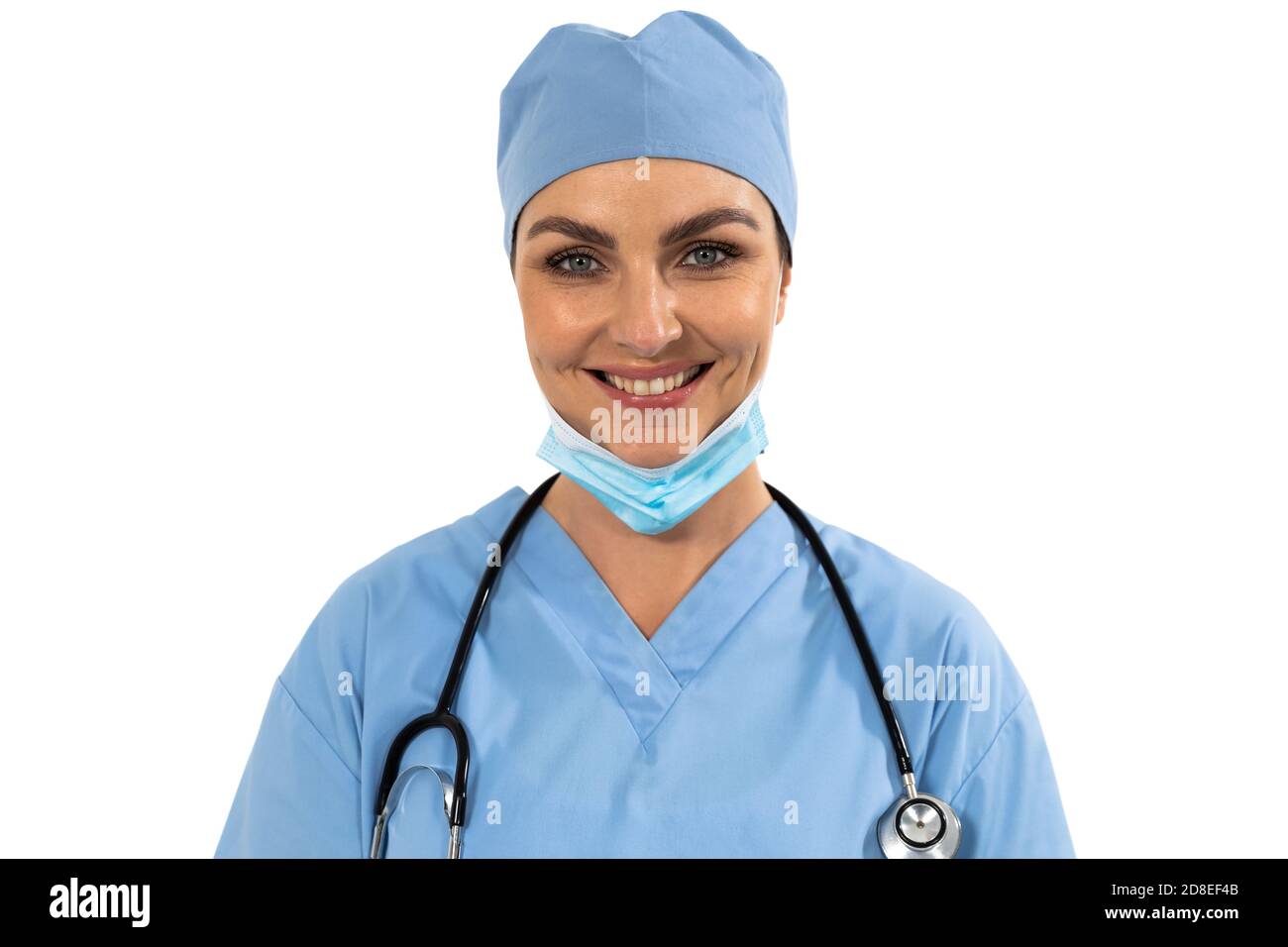 Portrait of female surgeon smiling against white background Stock Photo ...