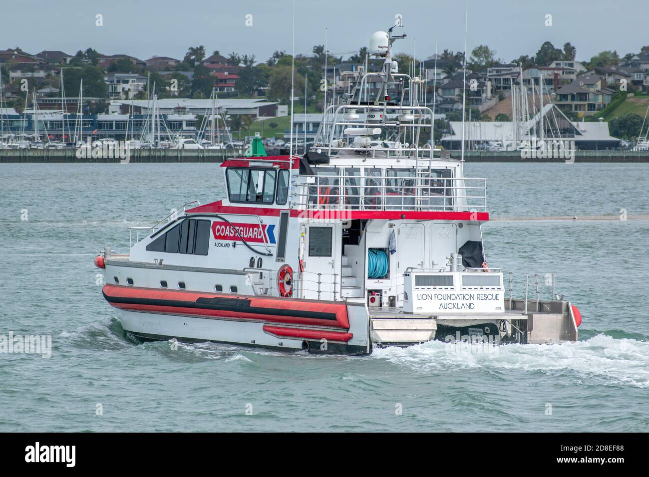 AUCKLAND, NEW ZEALAND - Oct 21, 2019: View of Coastguard boat in Tamaki ...