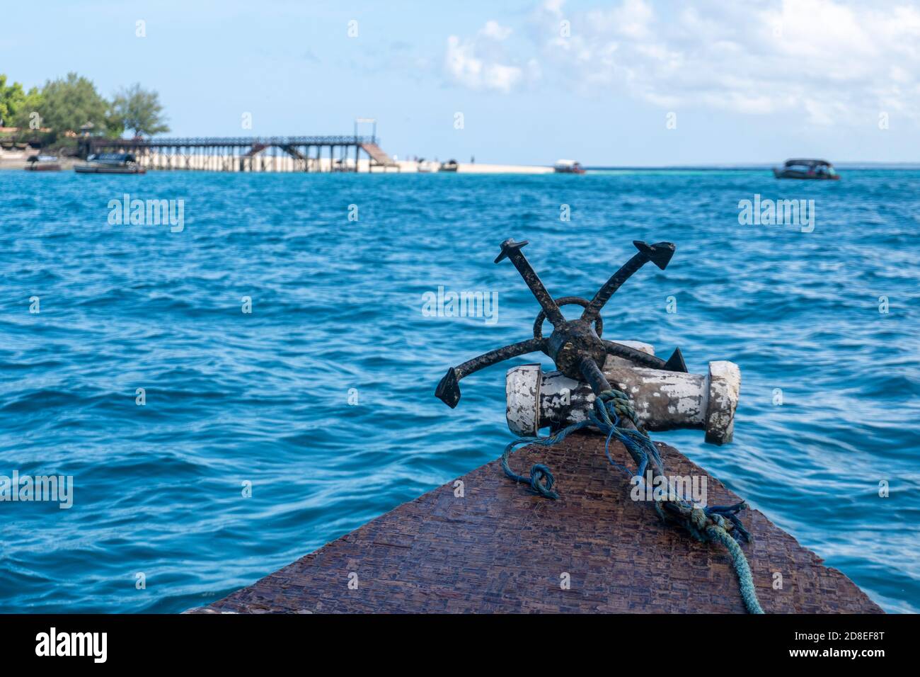 Bow side of Traditional Zanzibar Dhow boat with anchor and Rope Stock ...