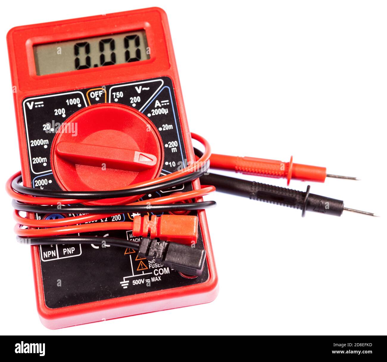 Red multimeter device for measuring electricity, isolated on a white ...