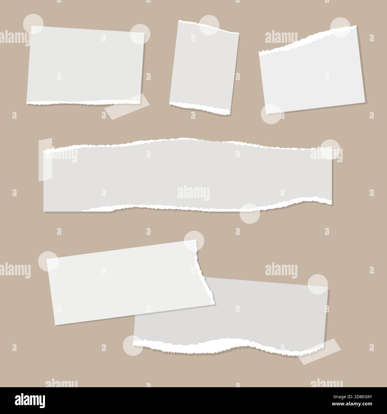 Realistic empty torn paper notes with sticky tape on beige background ...