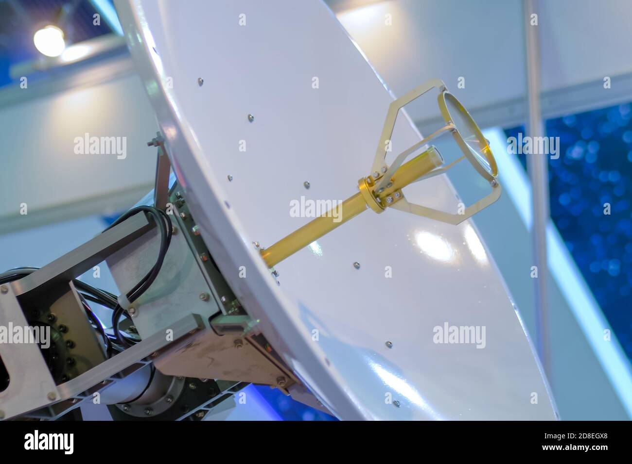 White rotating satellite dish antenna, VSAT parabolic receiver using to receive or transmit ...