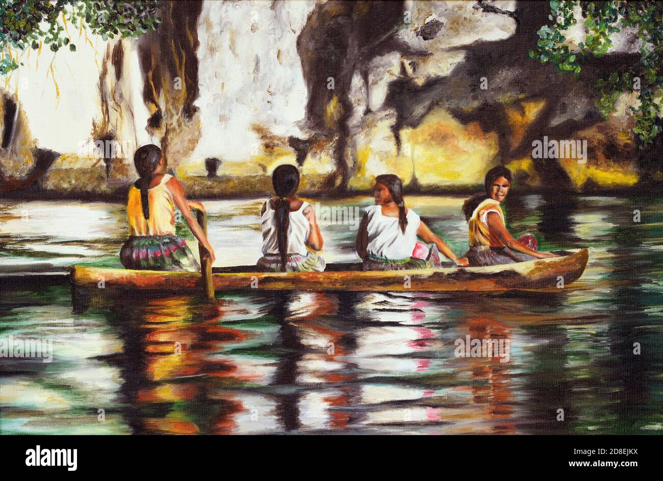 Painting with four Indians in a boat on the river Amazonas Stock Photo ...