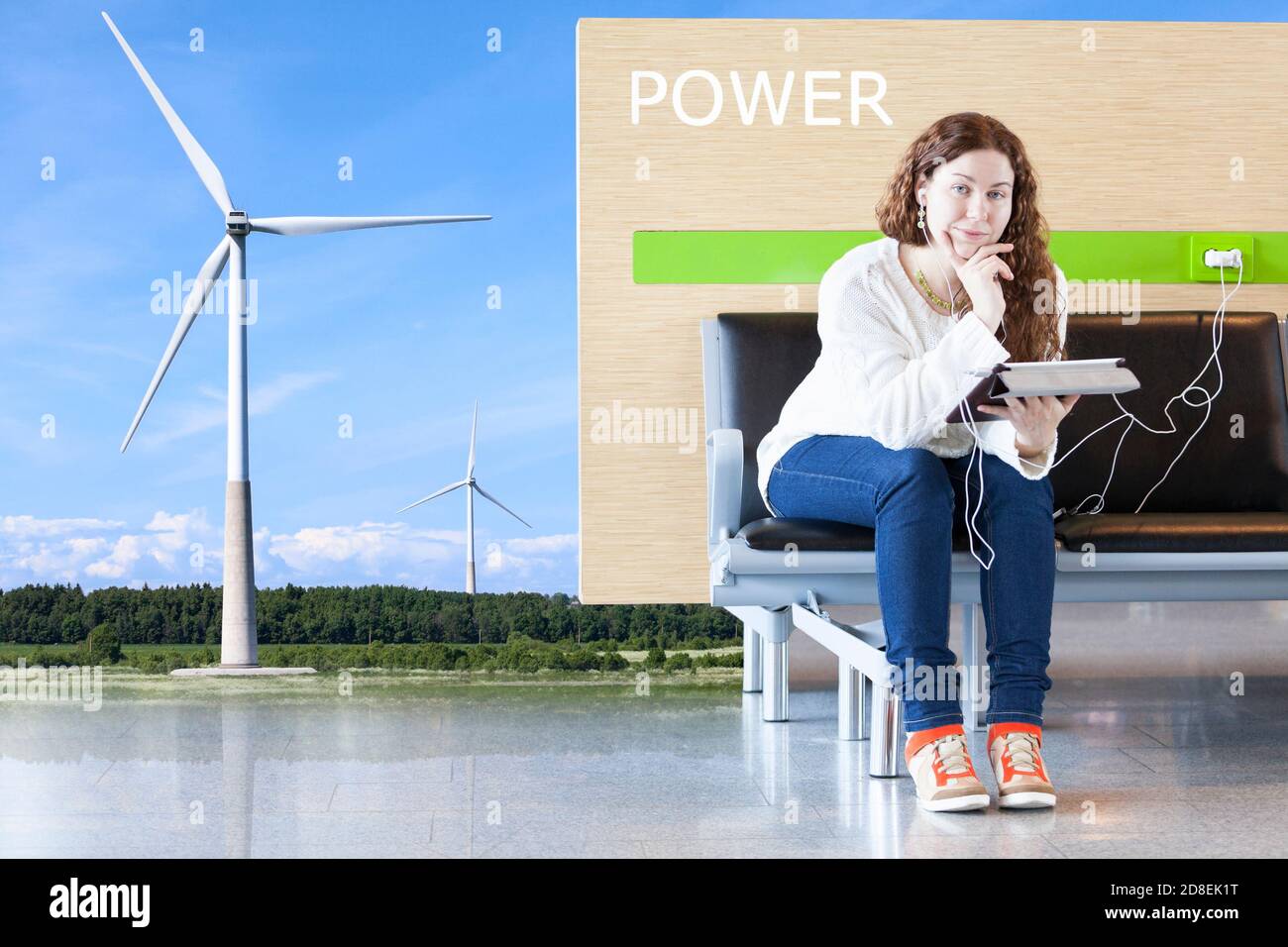 Conceptual image of green energy, charging station in airport lounge ...