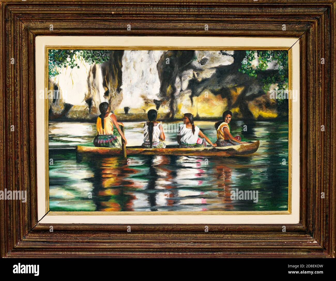 Painting with four Indians in a boat on the river Amazonas Stock Photo ...
