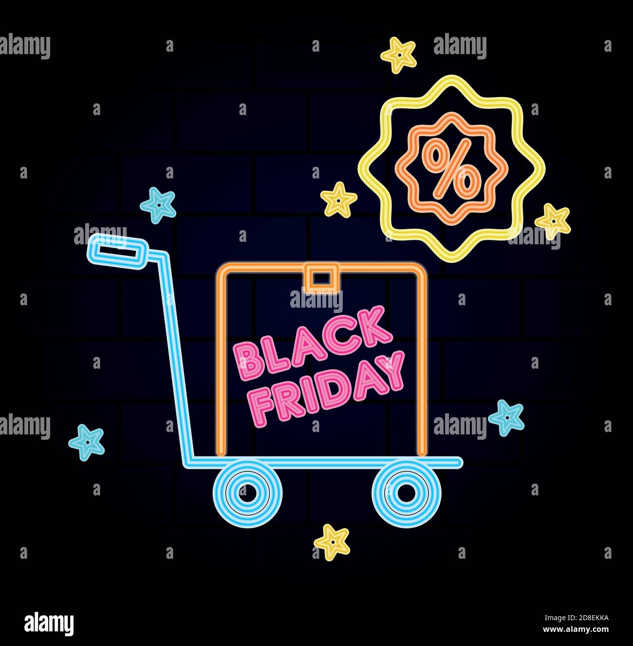 black friday neon design with hand card and percentage symbol over ...