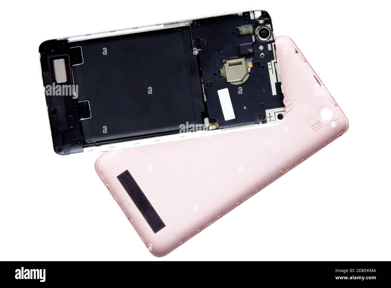 Smartphone and the back cover removed from it, top view. Theme of phone ...