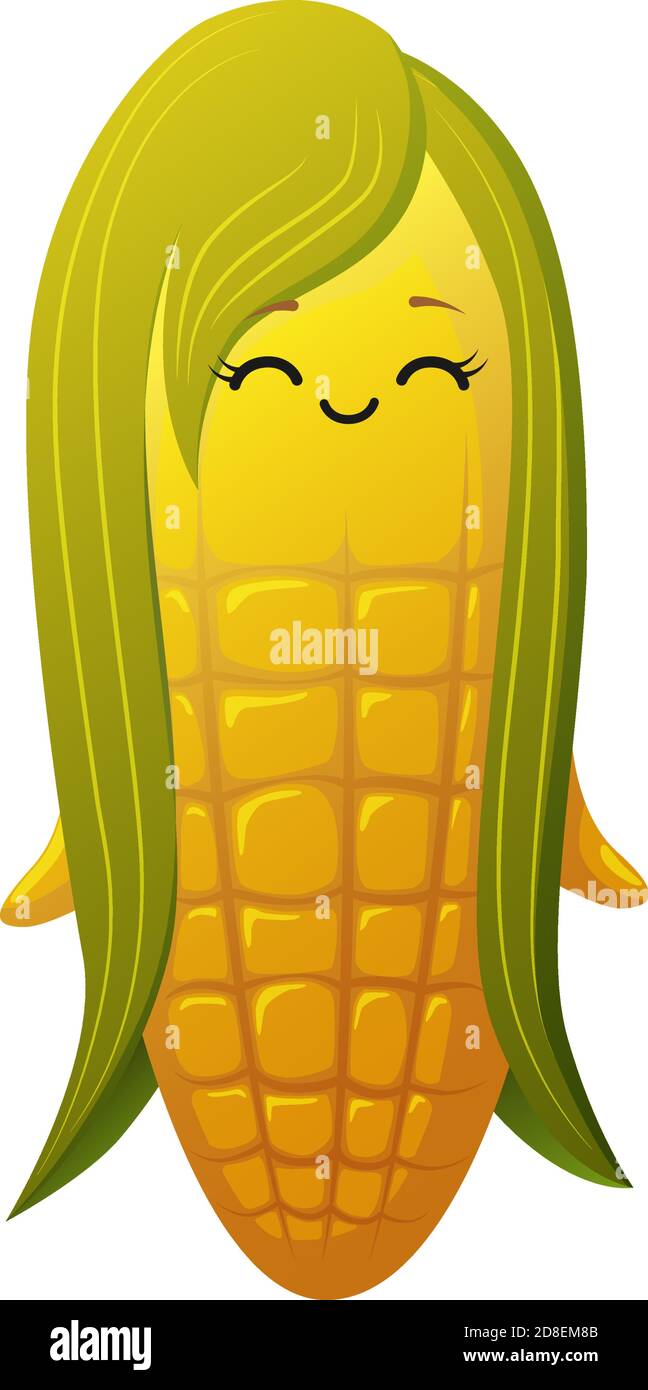Corn character. Kawaii corn girl smiling. Vector isolated on white ...