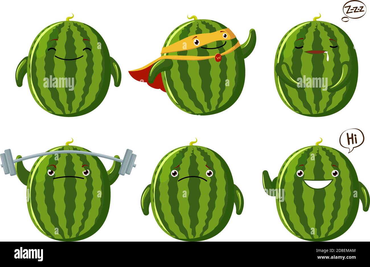 Watermelon characters. Different emotions: happy, athlete, sad, smiling ...