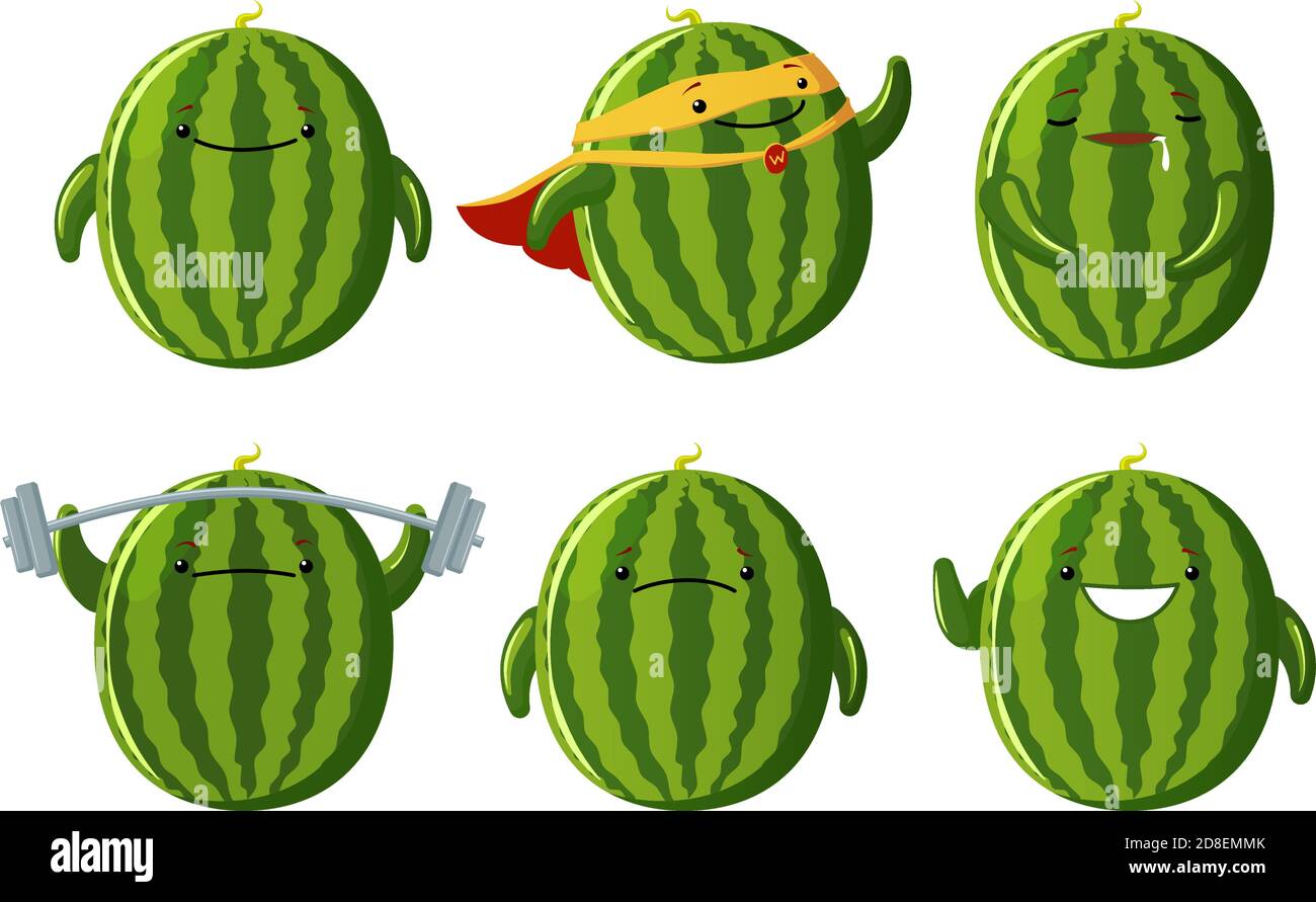 Watermelon characters. Different emotions: happy, sad, smiling, super ...